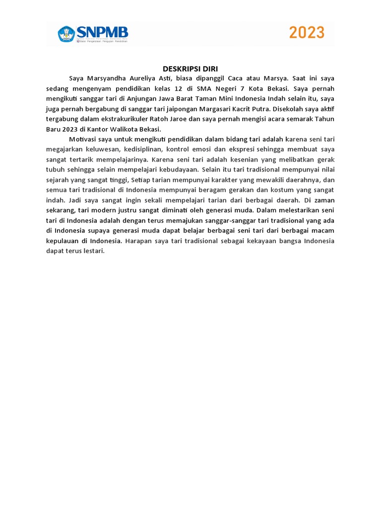 02 Template Deskripsi Diri (Porto Seni Tari SNPMB 2023) | PDF