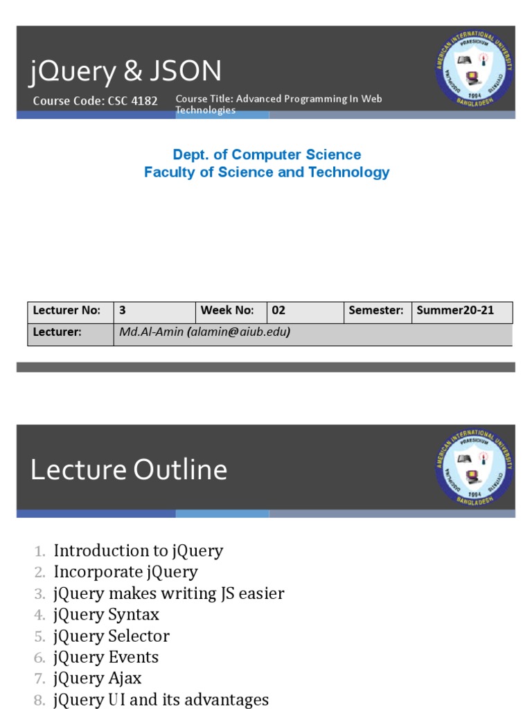 Lecture 3 Jquery And Json Pdf J Query Json