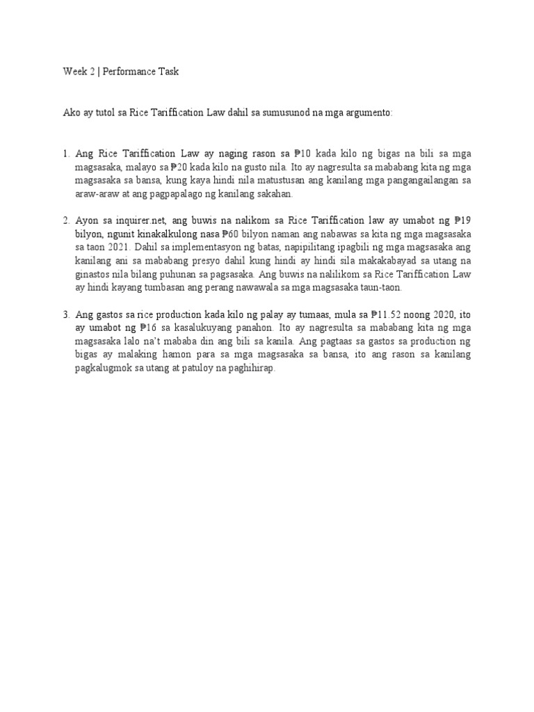 (Acero) Week 2 PT - Rice Tariffication Law | PDF