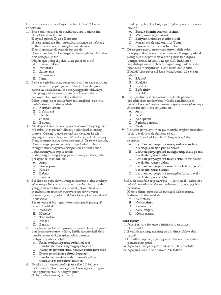 Berikut Ini Contoh Soal Ujian Kelas Kelas 12 Bahasa Indonesia | PDF