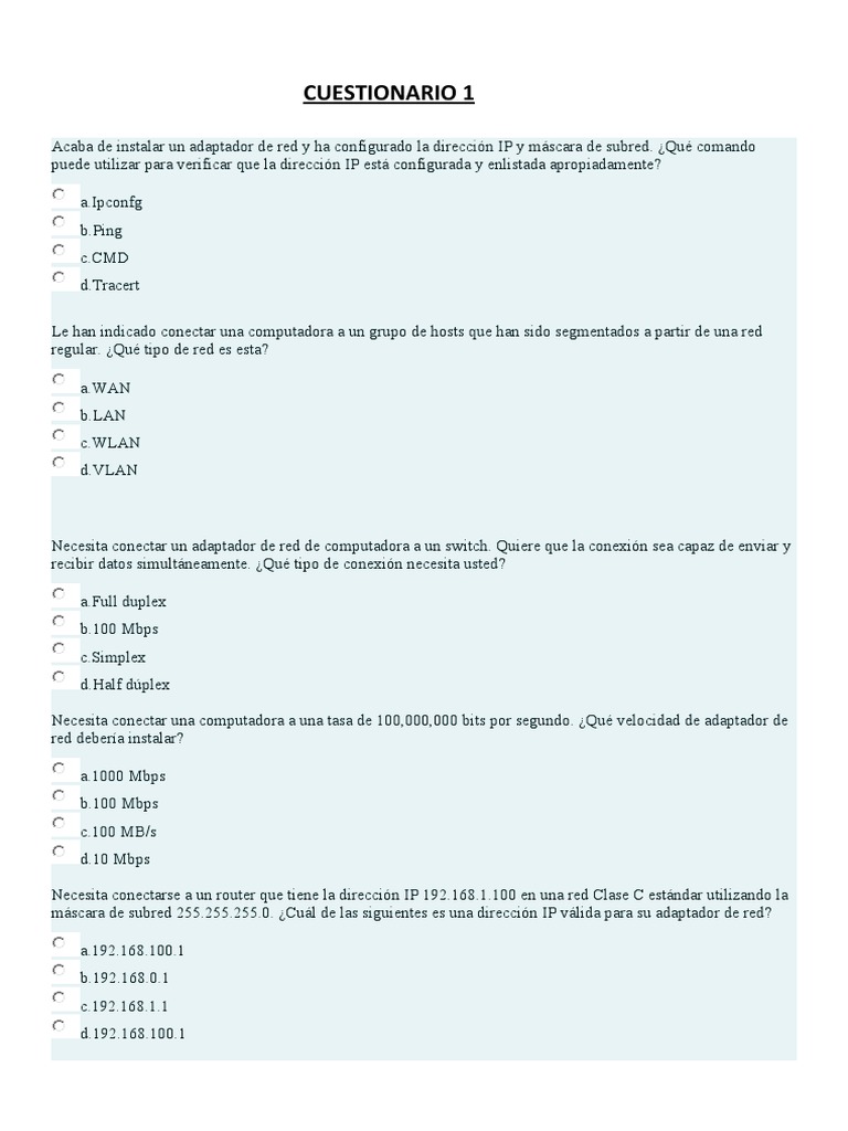 Cuestionario 1 | PDF | Dirección IP | Enrutador (Computación)