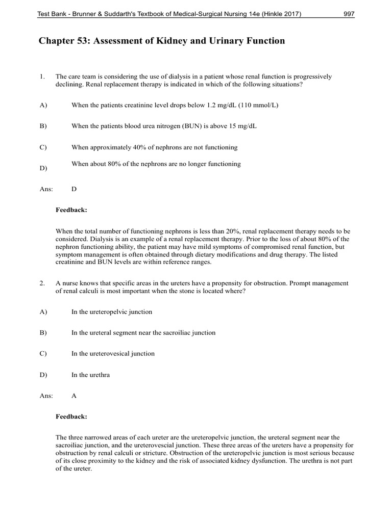 Test Bank Urinary | PDF | Kidney | Angiotensin