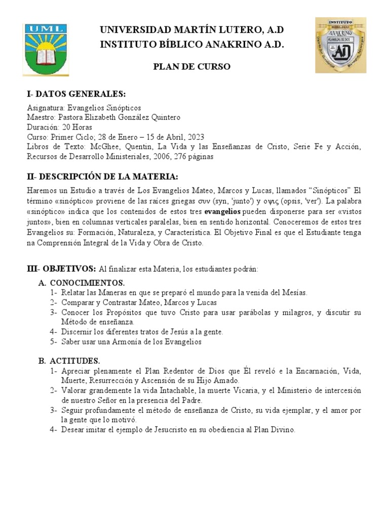 Plan de Curso Evangelio Sinópticos | PDF | Jesús | Evangelio de Mateo