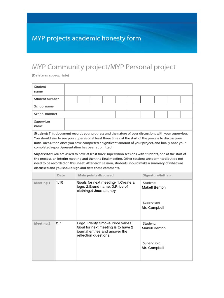 Myp Academic Honesty Form Supervisor Details 1 Pdf 