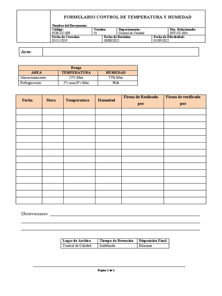 FOR-CC-009 Formulario Control de Temperatura y Humedad. | PDF