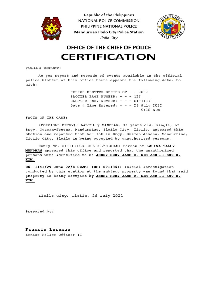 Police Blotter Report: Forcible Entry Case | PDF