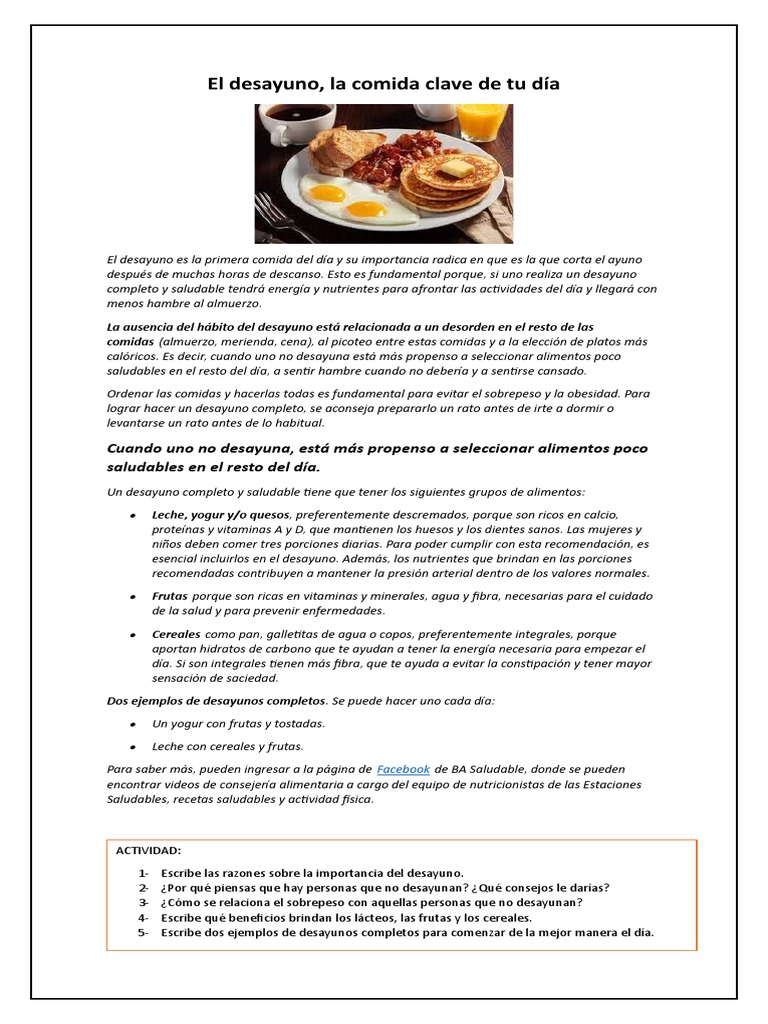 El Desayuno - Actividad Inicial | PDF | Alimentos | Cereales