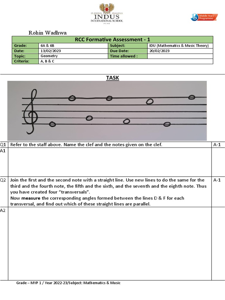 IDU Music Theory & Mathematics Formative Assessment 1 Grade 6 | PDF | Teaching Methods & Materials