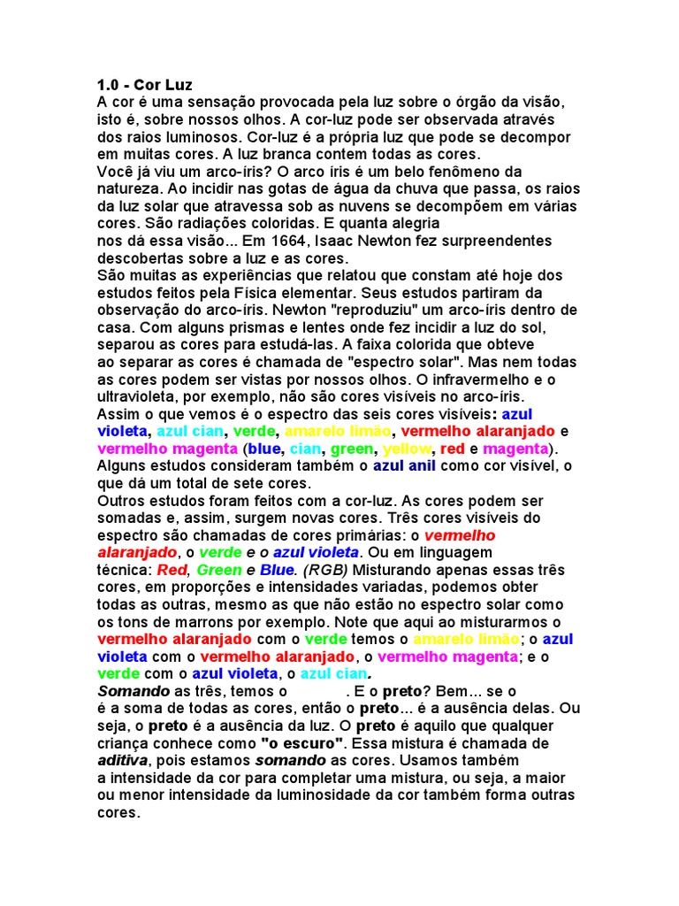 Cor Luz e Cor Pigmento | PDF | Cor | Arco-íris