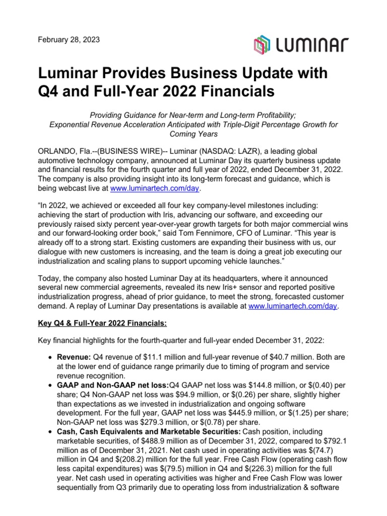 2023-02-28 Luminar Provides Business Update With Q4 and Full 64 | Download Free PDF | Intangible ...