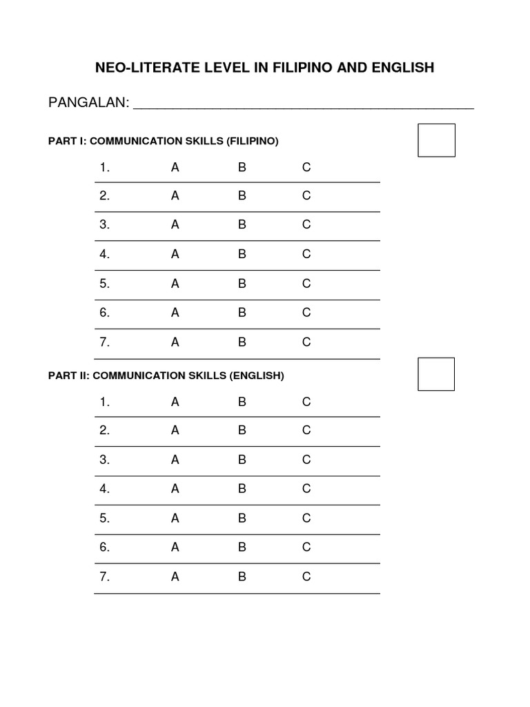 Final Answer Sheet Neo Literate in Filipino and English | PDF