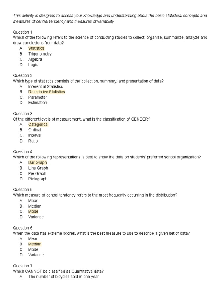 Assessment 1 Stats Basic Statistical Concepts And Measures Of Central Tendency And Measures