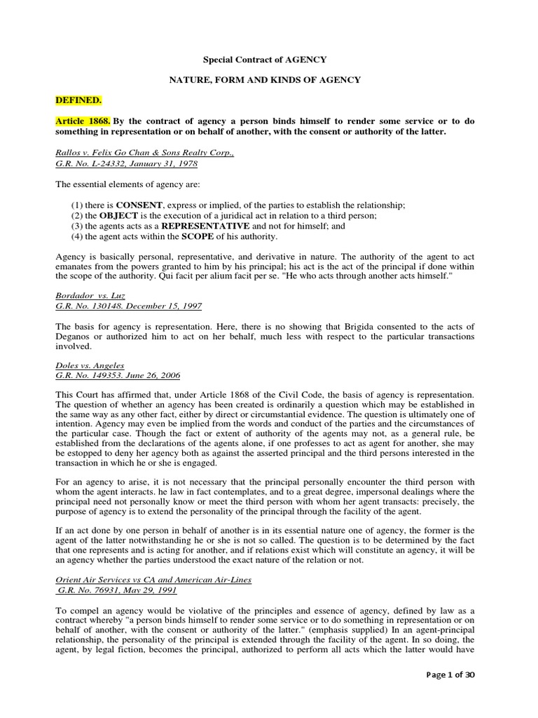 Bus. Org. 1, Codal and Cases | PDF | Law Of Agency | Employment
