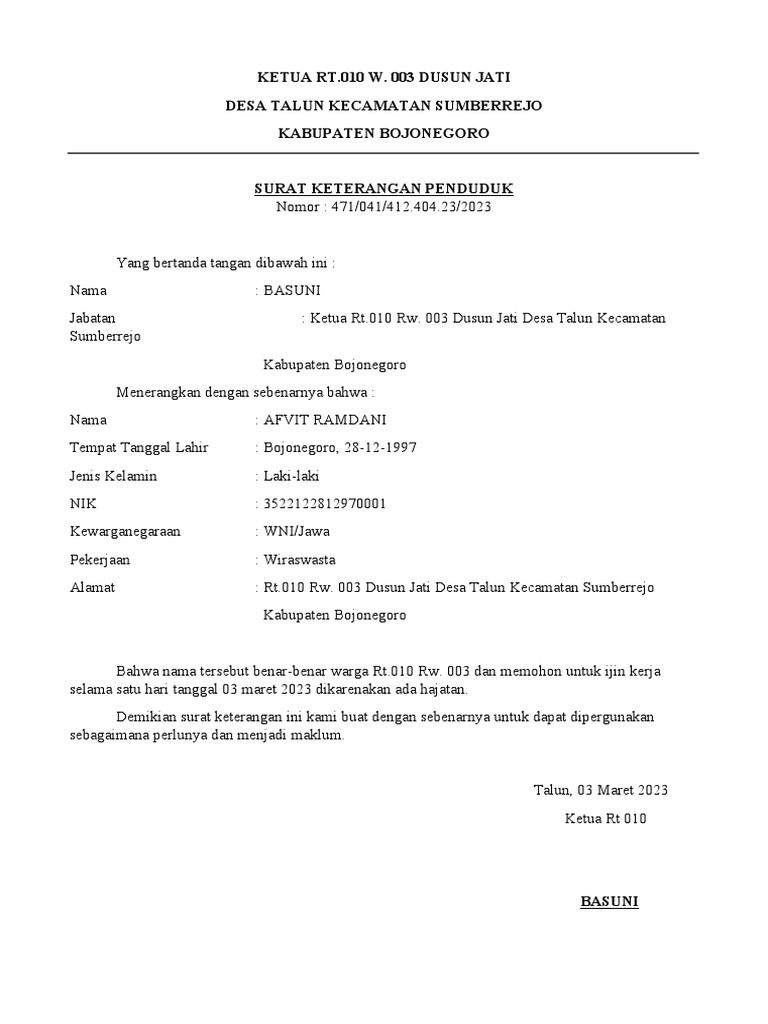 SURAT KETERANGAN RT | PDF