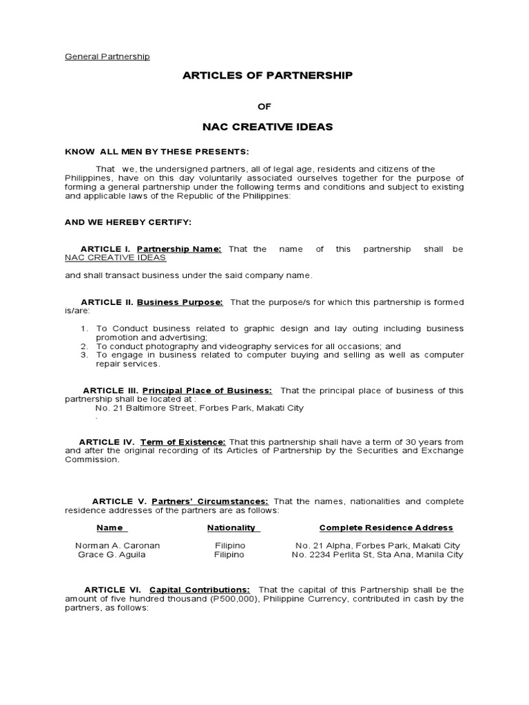 Articles of Partnership for NAC Creative Ideas | PDF | Partnership ...