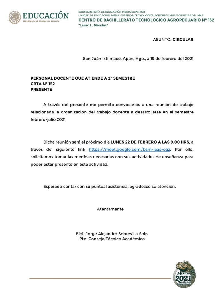 Organización del trabajo docente del segundo semestre en el CBTA N° 152 ...