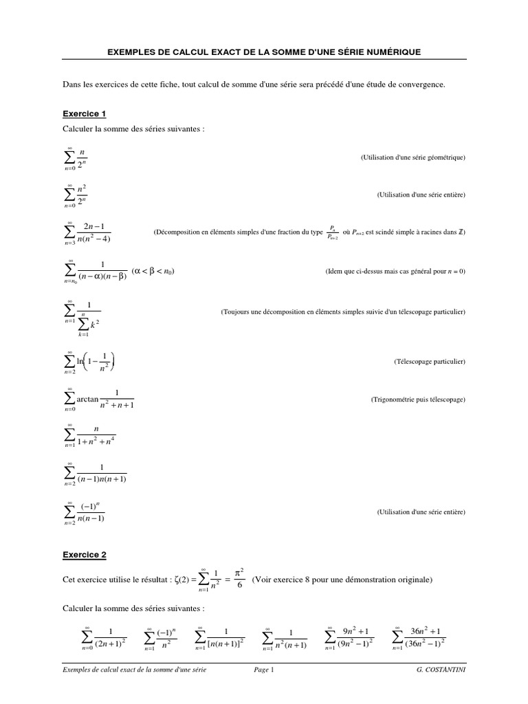 Exemples de Calcul Exact de La Somme D'une Série Numérique | PDF ...