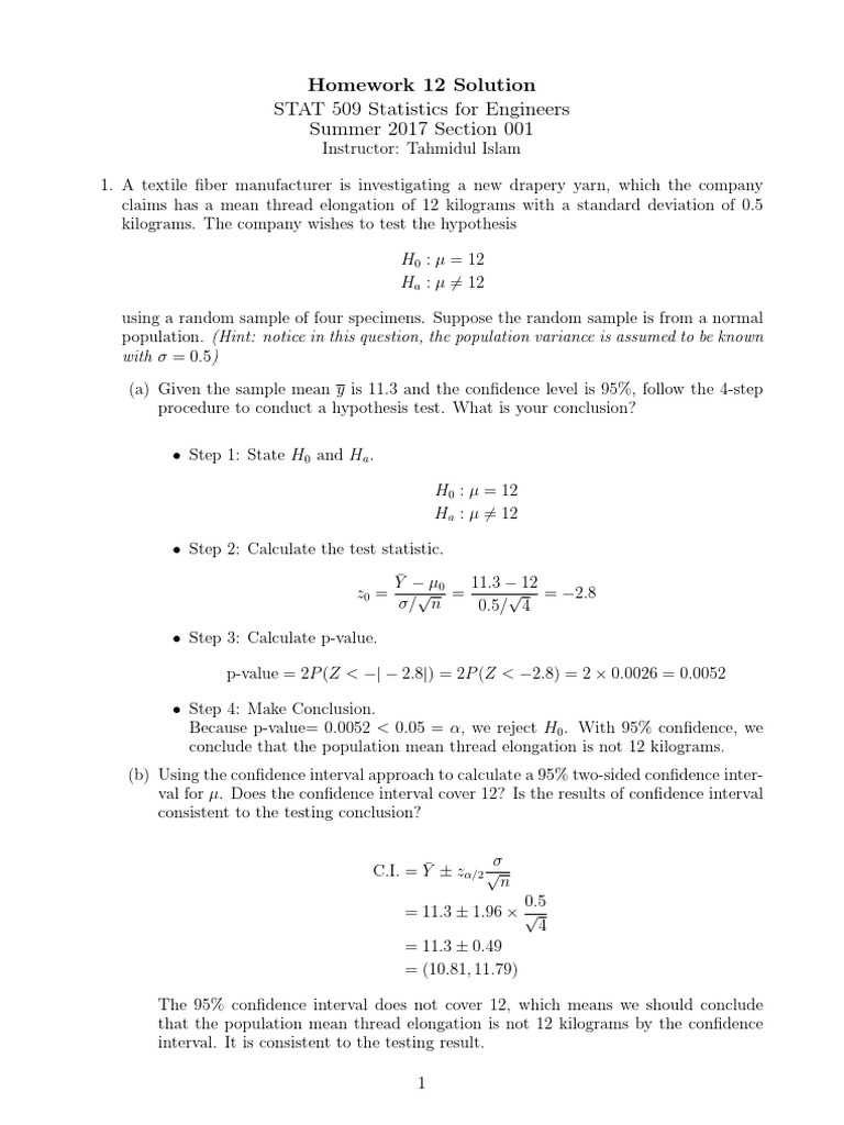 HW12 Sol | PDF | P Value | Confidence Interval