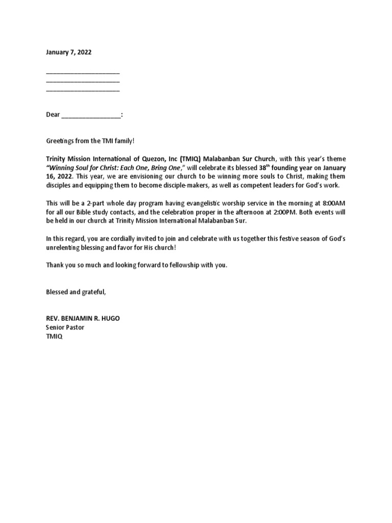 Invitation Letter - 38th Church Anniv | PDF