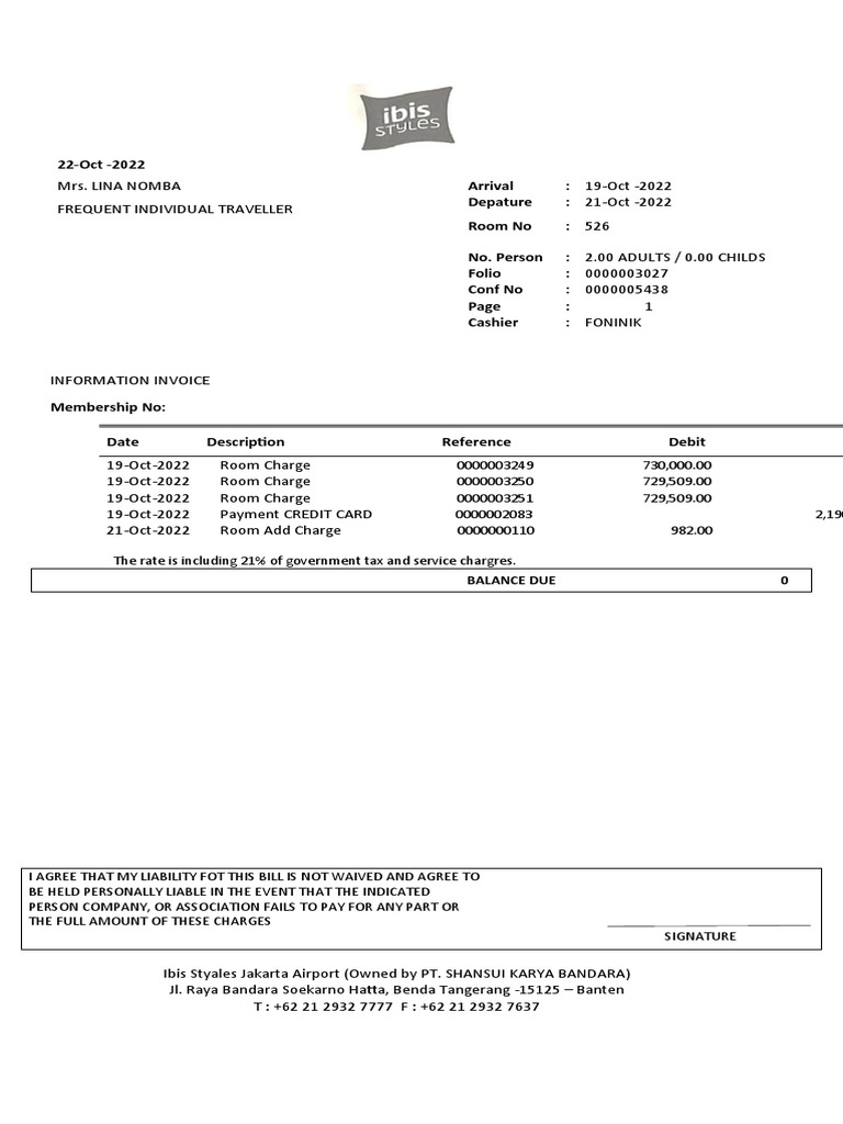 Bill Hotel Ibis KK Lina | PDF