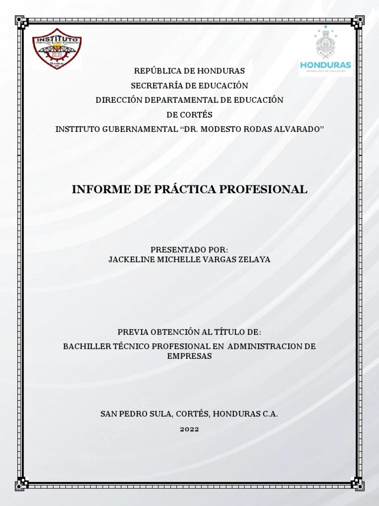 INFORME DE PRACTICA PROFESIONAL DE JACKELINE MICHELLE VARGAS ZELAYA TERMINADO (1) | PDF ...