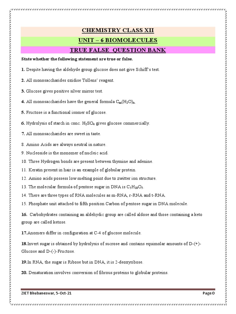 NEET 2024 Biomolecules True/False Quiz | PDF | Nucleotides | Glucose