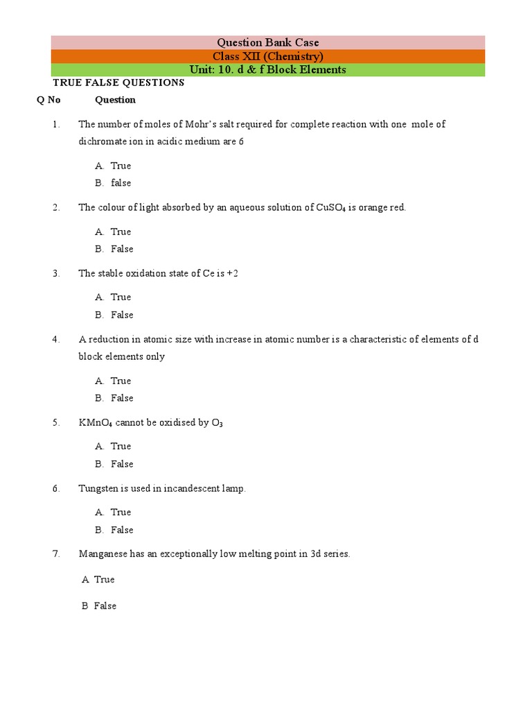 10.true False (D and F Block Elements) | PDF | Transition Metals ...