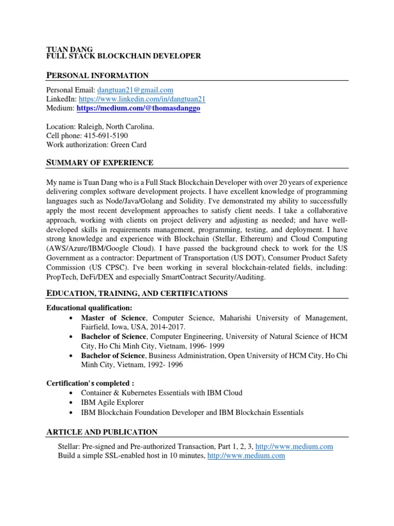 Tuan Dang Full Stack Blockchain Developer Ersonal Information | PDF | Customer Relationship ...