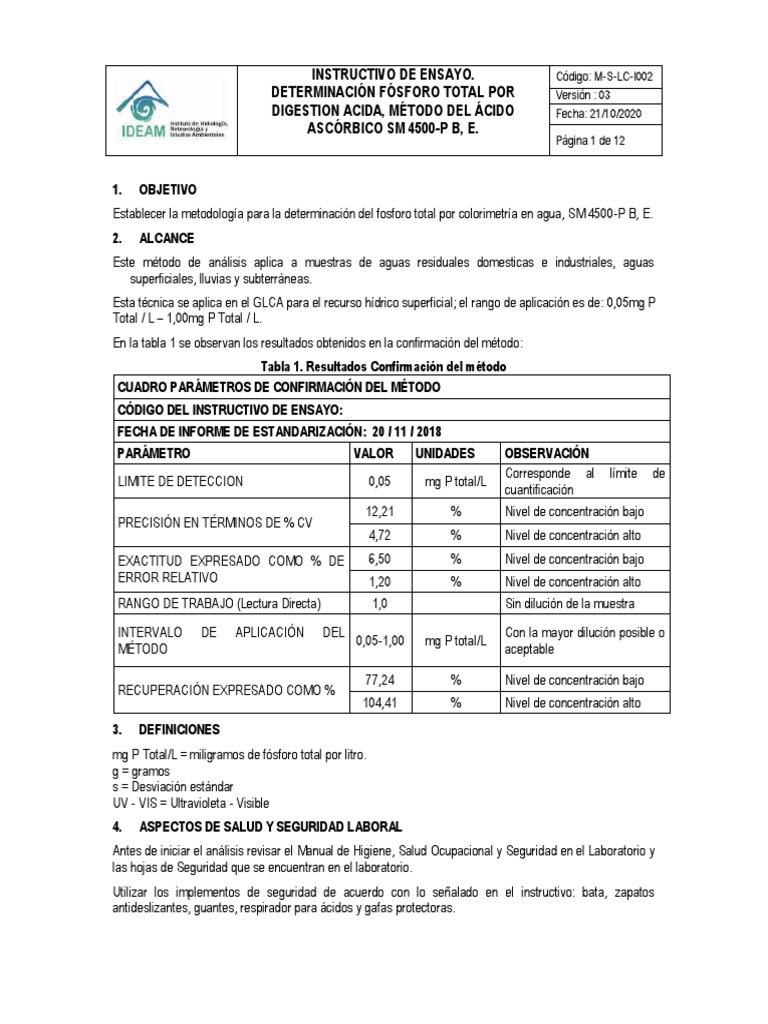 M-S-Lc-I002 Instructivo de Ensayo Determinación Ffósforo Total Por Digestion Acida, Método Del ...