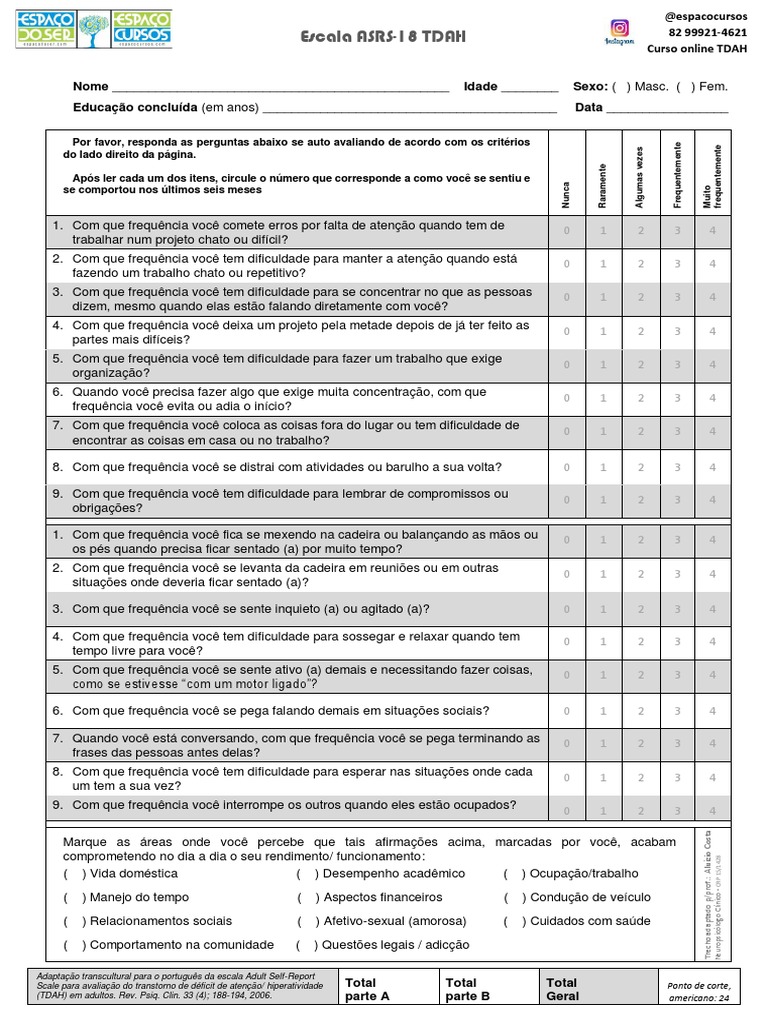 ASRS-18 - Curso online TDAH | PDF | Transtorno de déficit de atenção e ...