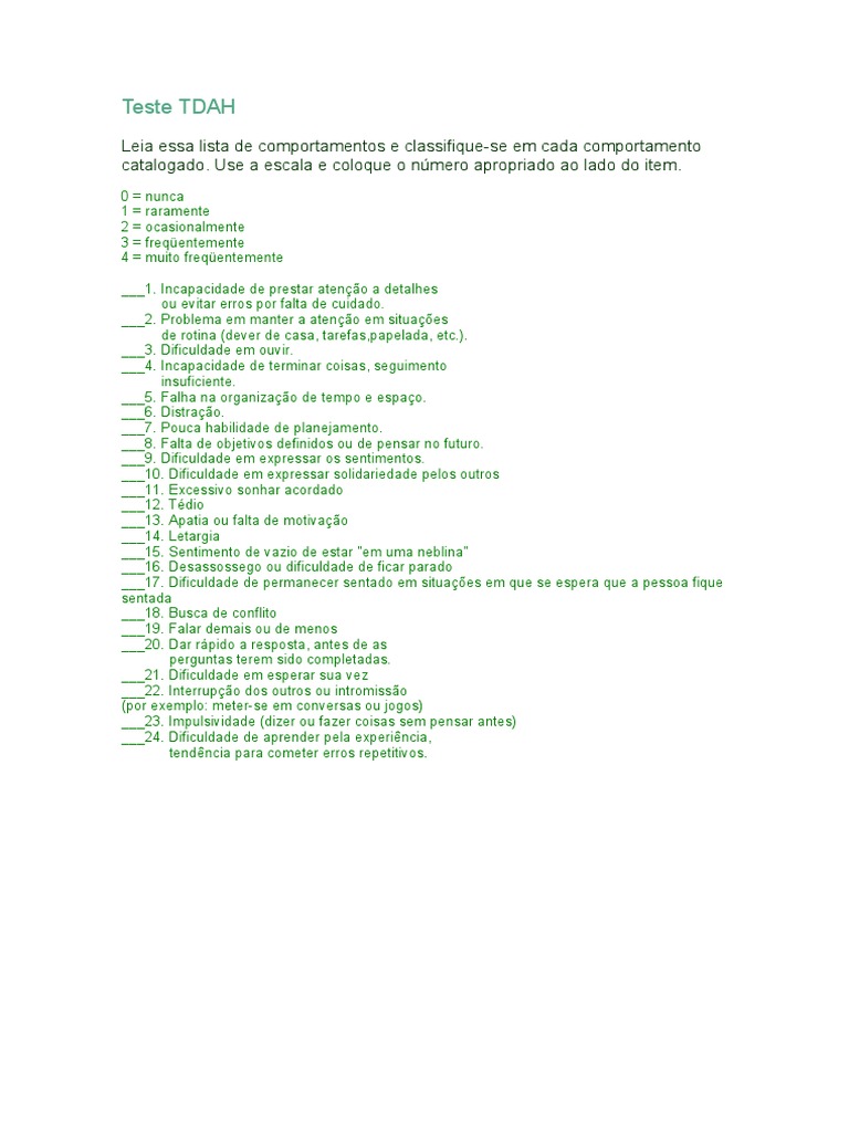 Teste TDAH-2 | PDF | Transtorno de déficit de atenção e hiperatividade ...