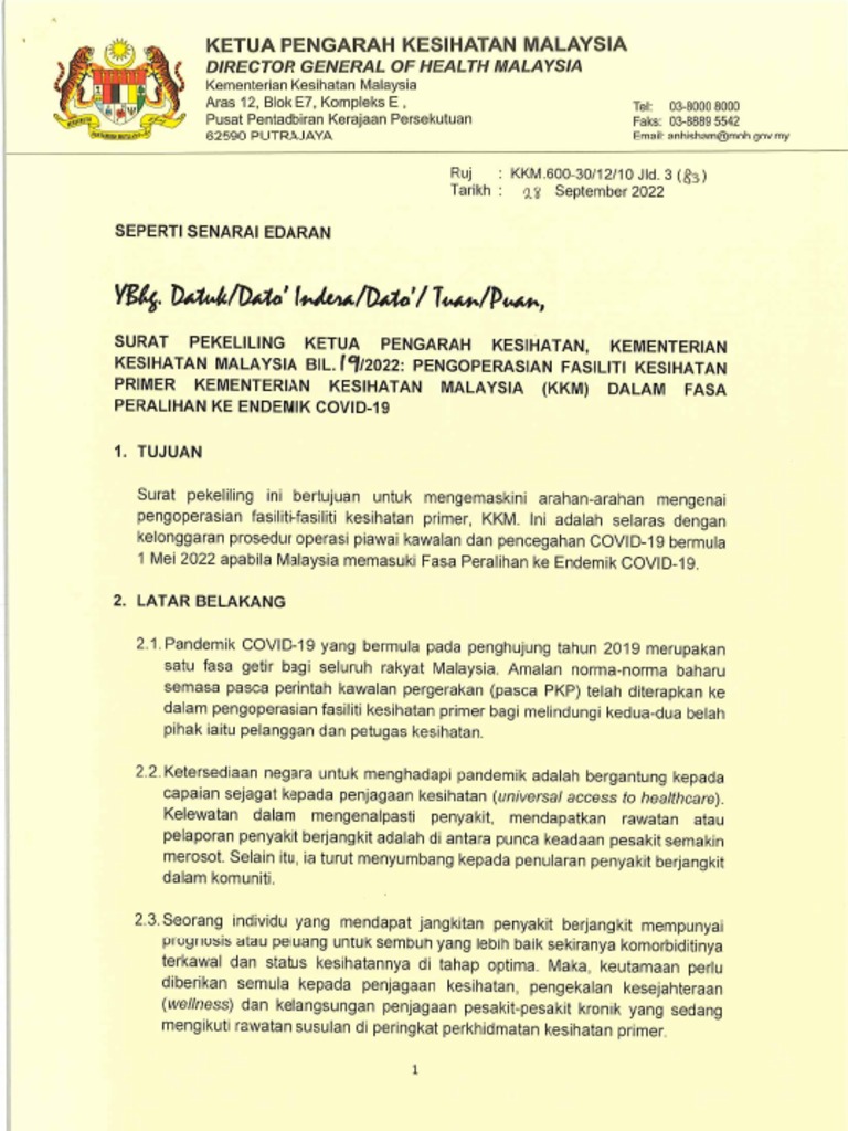 Surat Pekeliling KPK - Pengoperasian Fasiliti Kesihatan Primer Kementerian Kesihatan Malaysia ...