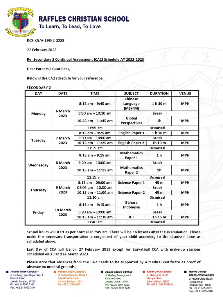 A-198 - Secondary 2 Continual Assessment (CA2) Schedule AY 2022-2023 | PDF | Equations