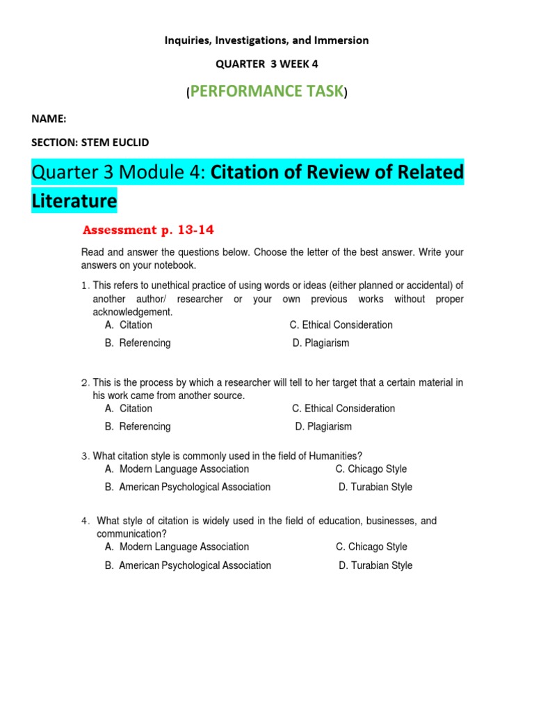 3i S q3 w4 Performance Tasks | PDF | Citation | American Psychological ...