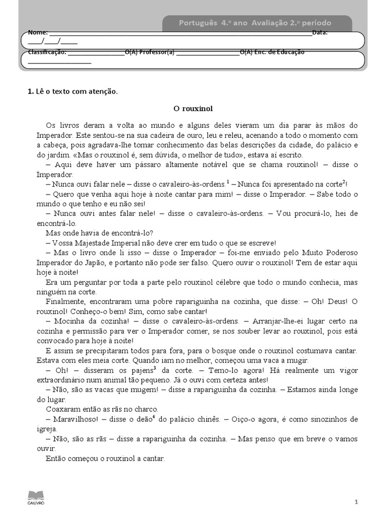 O Rouxinol 2º Período | Download grátis PDF | Pronome | Assunto (gramática)