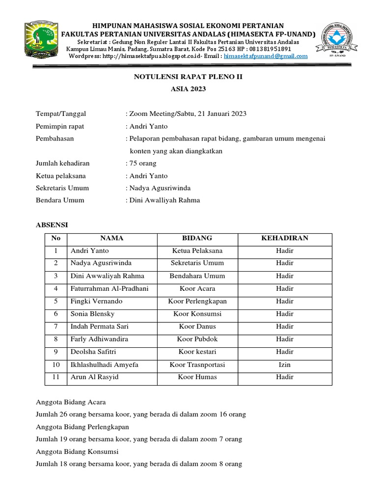 Notulensi Rapat Pleno 2 ASIA 2023 | PDF