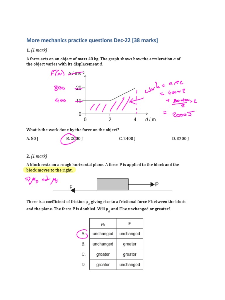 More Mechanics Practice Questions Dec-22 JT Answers | PDF | Force | Friction