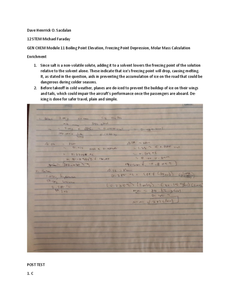 Module #11 GenChem Boiling Point Elevation, Freezing Point Depression, Molar Mass Sacdalan, Dave ...