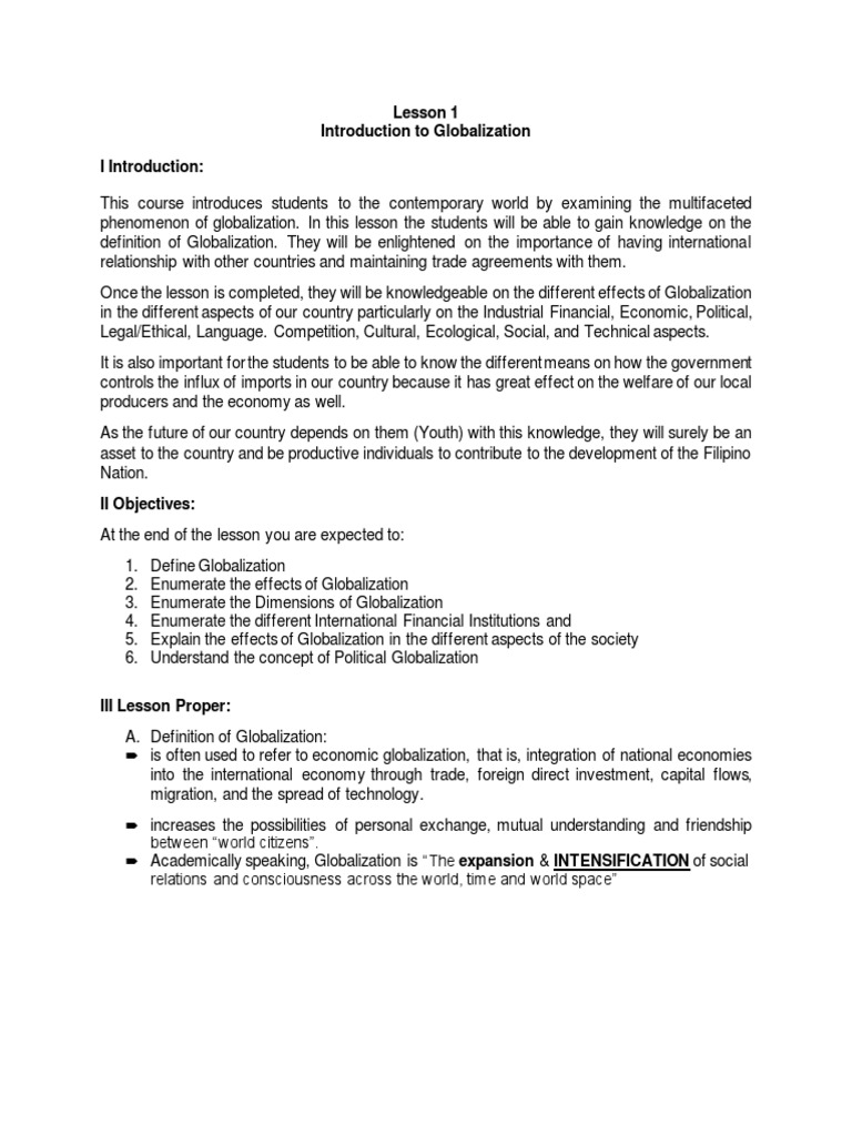 Lesson 1 Introduction To Globalization | PDF | Sustainability | Globalization