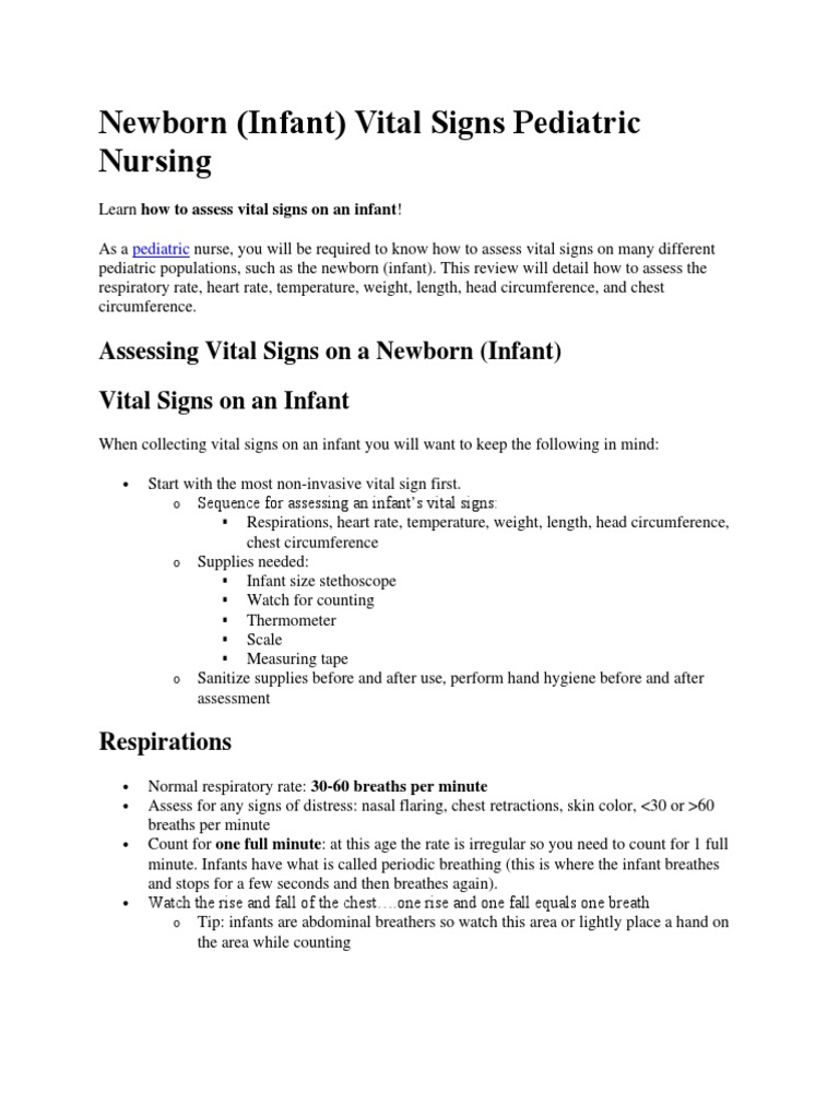 Newborn (Infant) Vital Signs Pediatric Nursing | PDF | Breathing | Infants