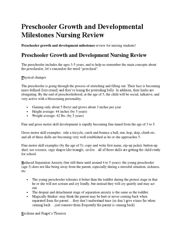 Preschooler Growth And Developmental Milestones Nursing Review Pdf