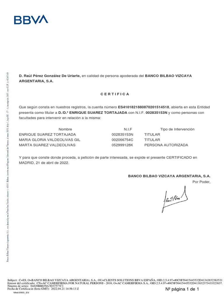 Certificado de Titularidad Bancaria BBVA | PDF