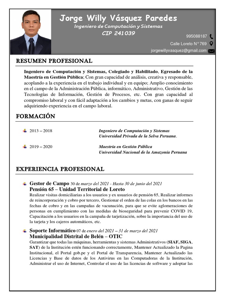 Curriculum Vitae - Jorge Vasquez Paredes | PDF | Administración Pública | Informática
