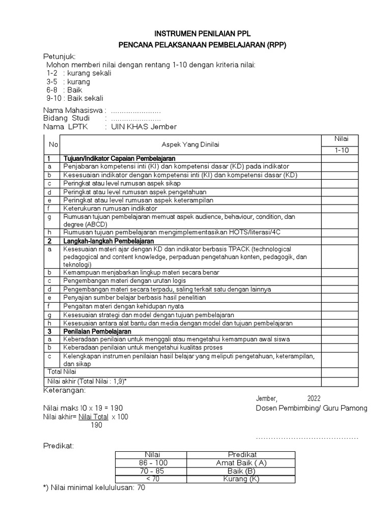 Lembar Penilaian PPL RPP 2022 | PDF | Karier & Perkembangan