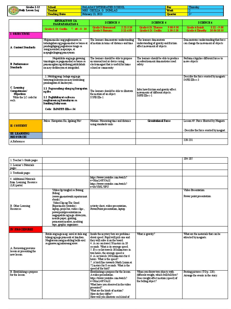 DLL Q3 Week 2 Day4 | PDF | Force | Learning