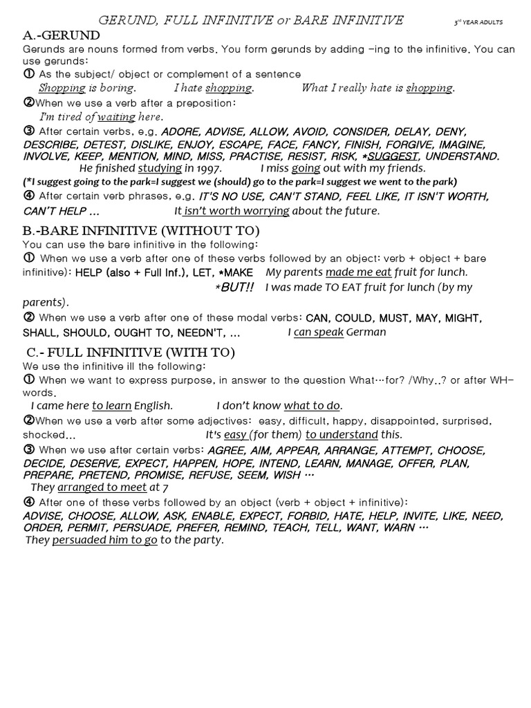 Gerunds & Infinitives Chart | Download Free PDF | Verb | Grammar
