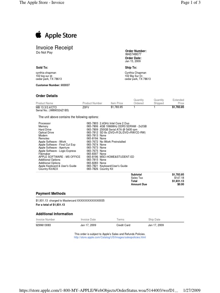 Apple Store Invoice for Cynthia Chapman | PDF | Receipt | Invoice