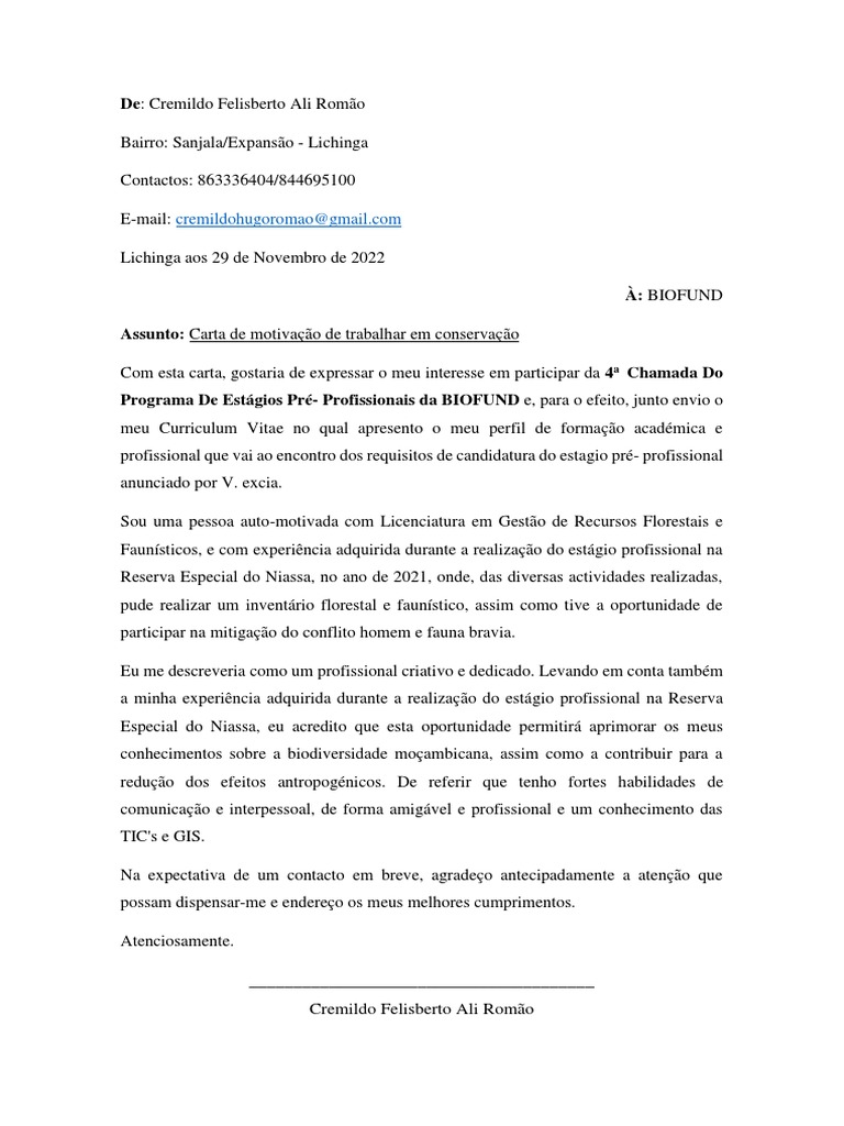 Carta de Motivação para Estágio na BIOFUND | PDF