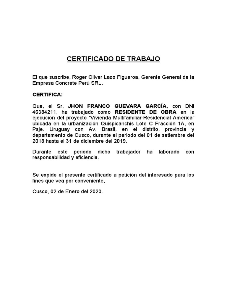 CERTIFICADO DE TRABAJO | PDF