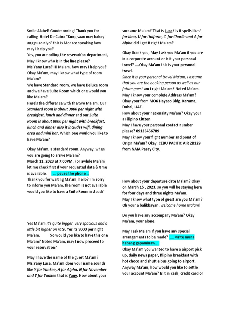 Front Office - On Call Reservation | PDF